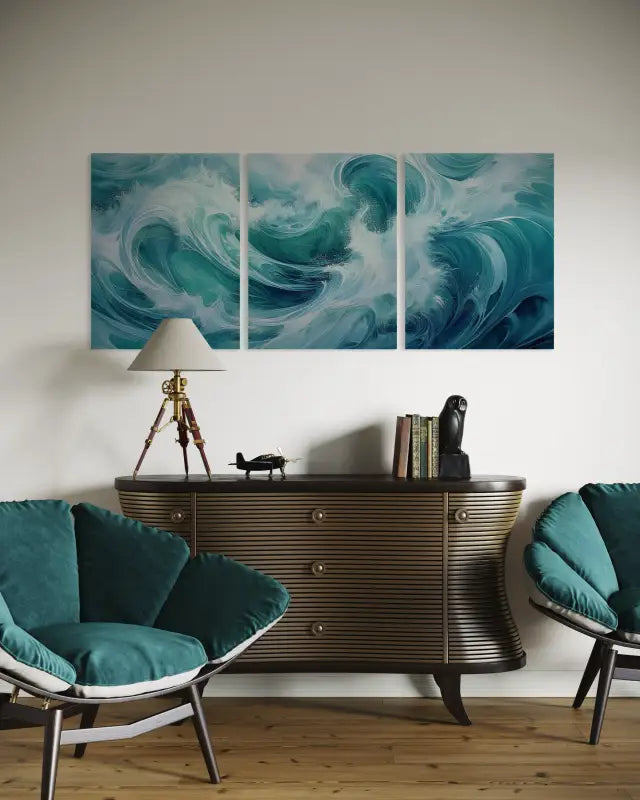 Triptych Ocean Wave Coastal Glass Art Set